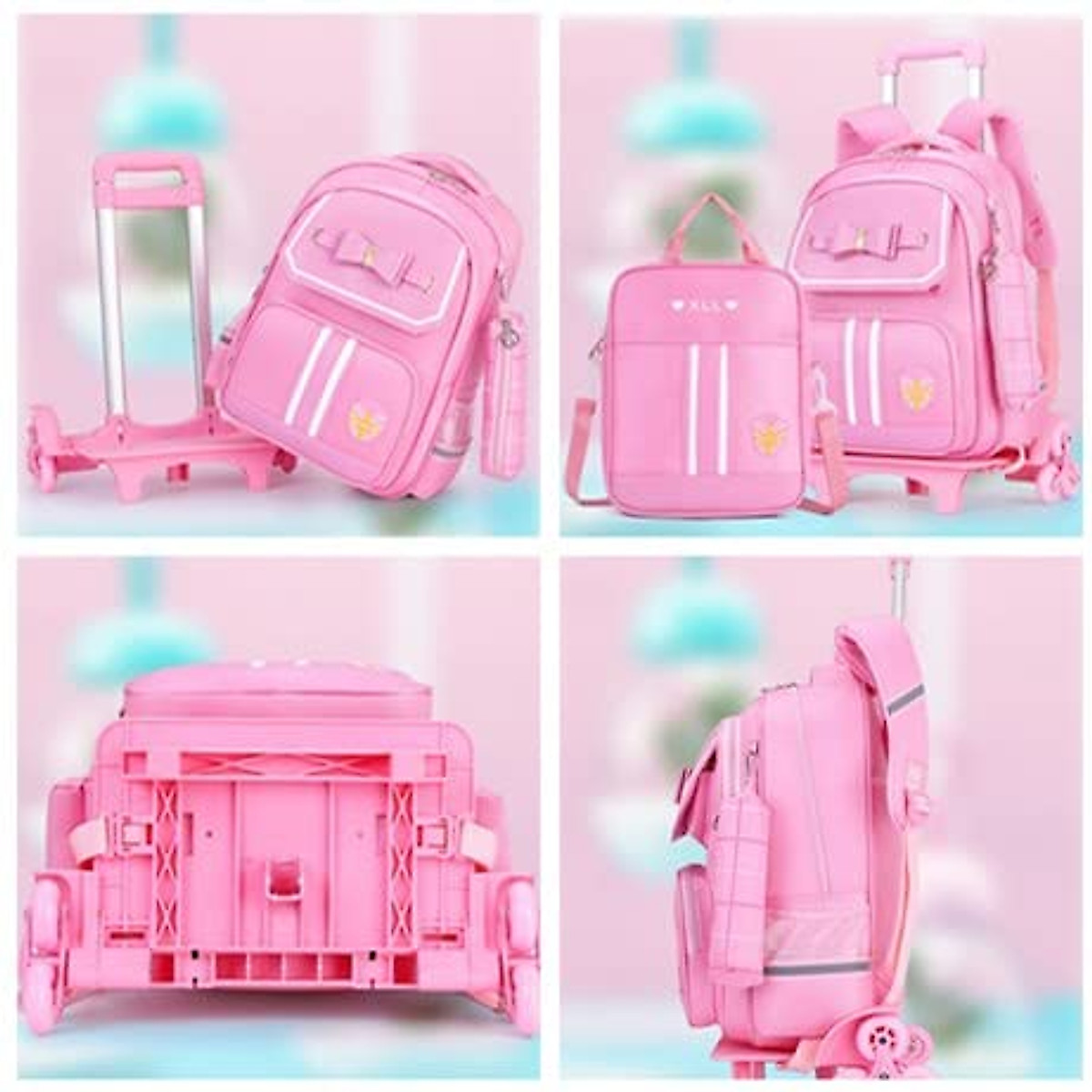 ZHANAO Rolling Trolley Bag Wheeled Backpack Bowknot for Girls Primary Schoolbag 3Pcs with Crossbody Bag Pencil Case