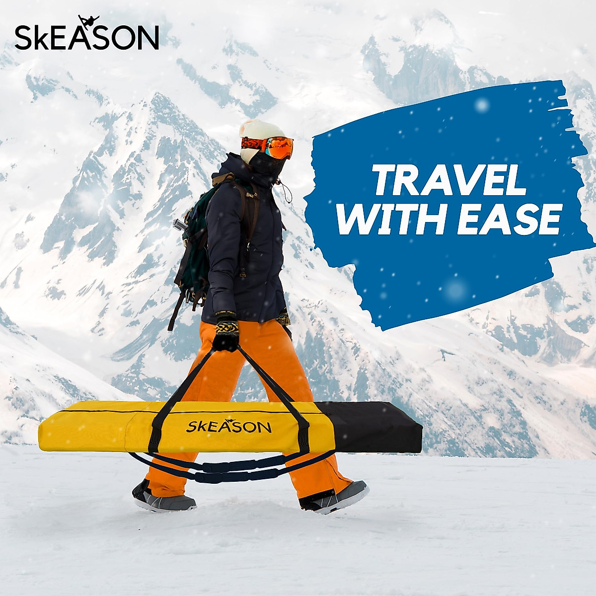 SkEASON Travel Snowboard Bag - Water Resistant Snowboard Backpack w/ 900D & 600D PVC Polyester - Snowboard Carry Case w/Strong Stitching - Snowboard Bag for Two - Helmet, Board, Boots, & More