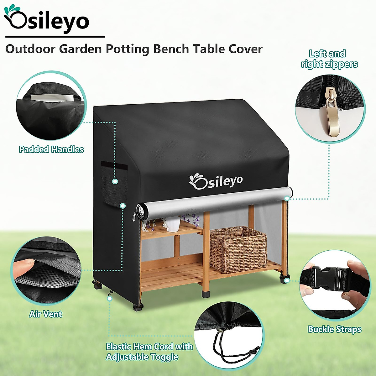 Osileyo Outdoor Garden Potting Bench Table Cover with Split Zipper,600D Tough Canvas Waterproof Anti-UV All Season Weather Complete Protection Cover.(47" x 20" x 47"),Black
