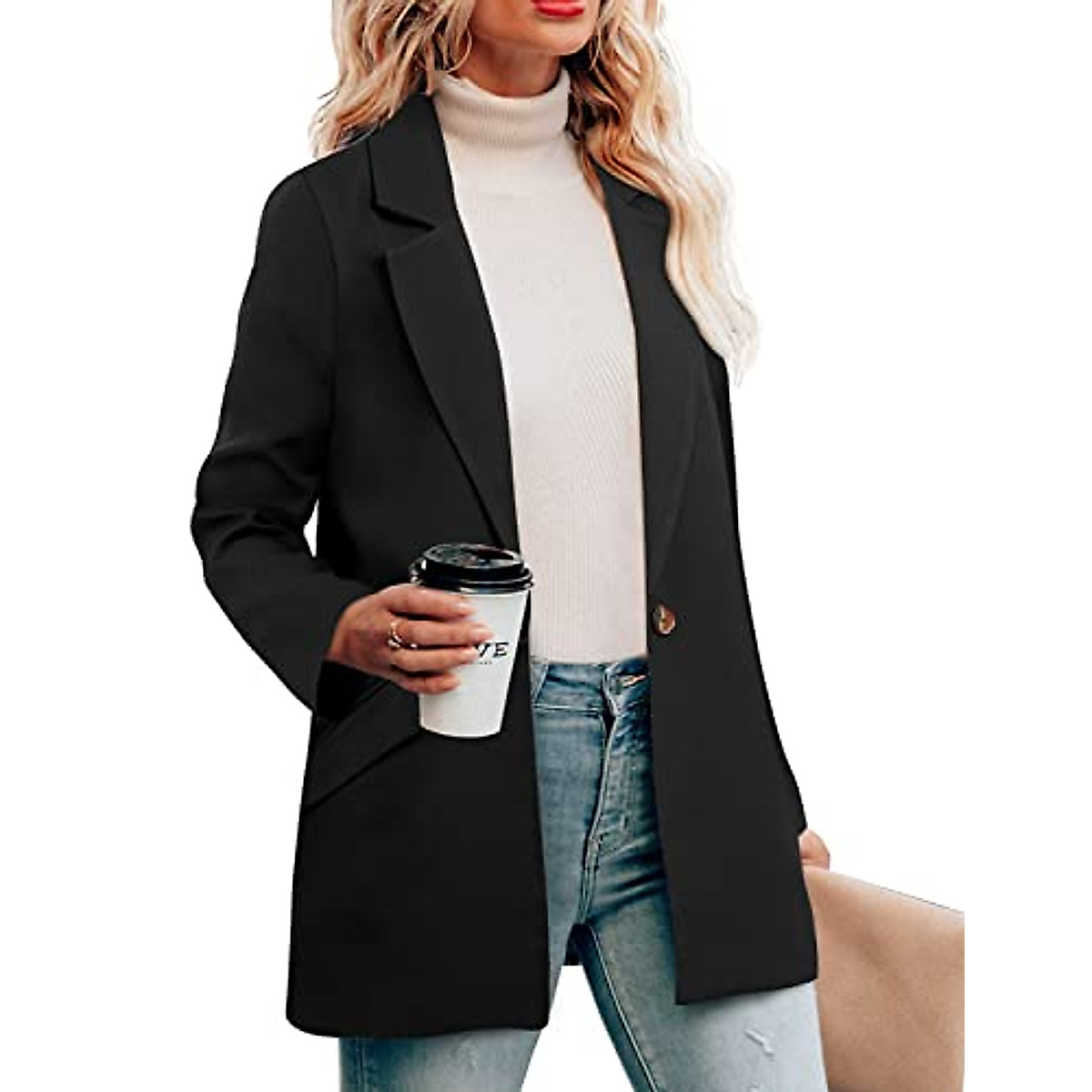 CRAZY GRID Womens Casual Blazer Long Sleeve Business Suit Jacket Open Front Button Work Office Blazer Jacket Fashion Dressy Ladies Blazer Black X-Large