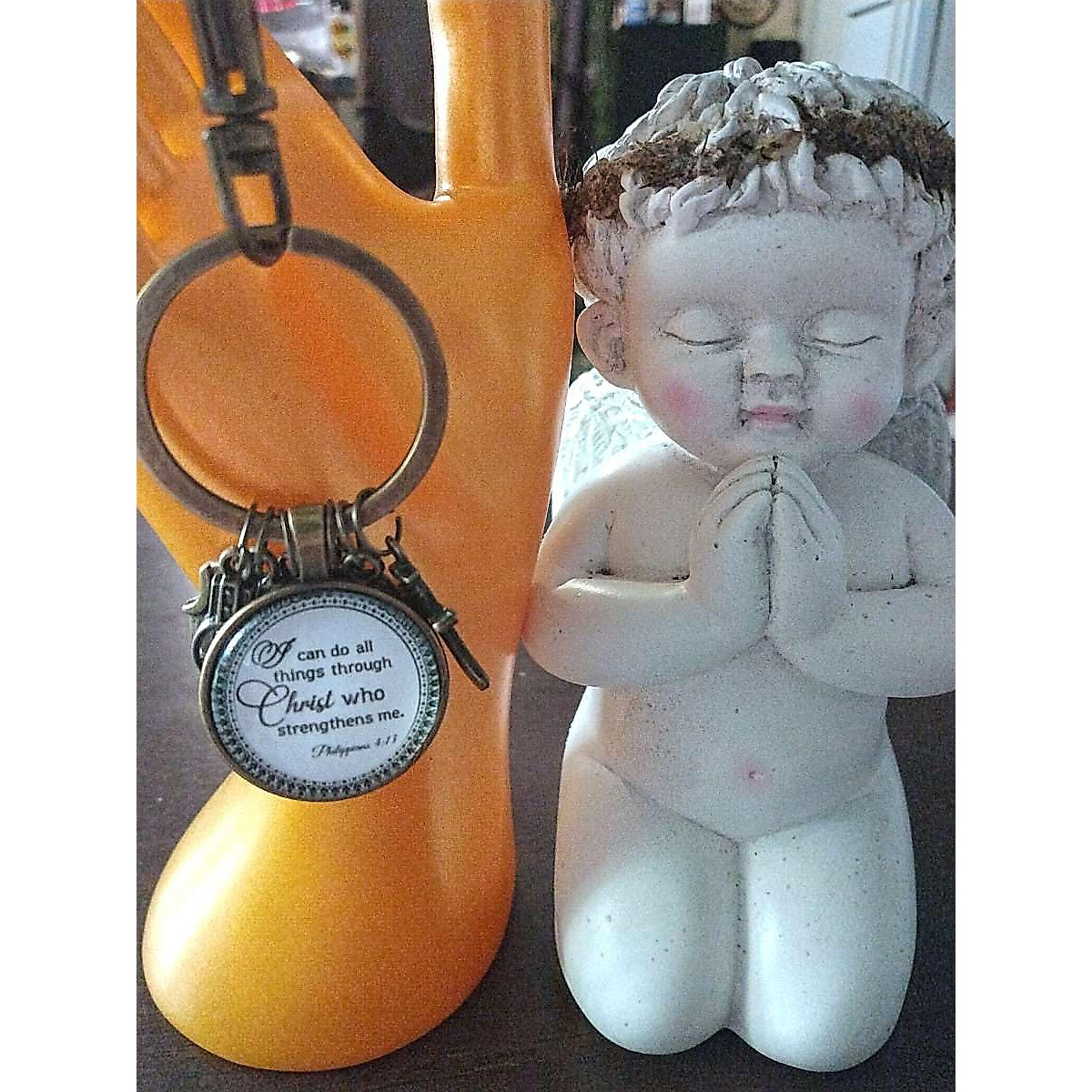 Unisex Christian Keychain, purse charm, zipper pull with I can do all things through Christ and Armor of God Tibetan Bronze Charms