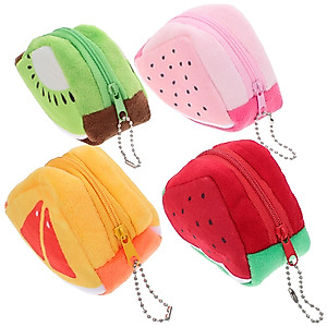 STOBOK 4pcs Cute Coin Purse Fruit Pattern Plush Triangle Wallet Pocket Mini Pouch Purse (Watermelon + Orange + Dragon Fruit + Kiwi)