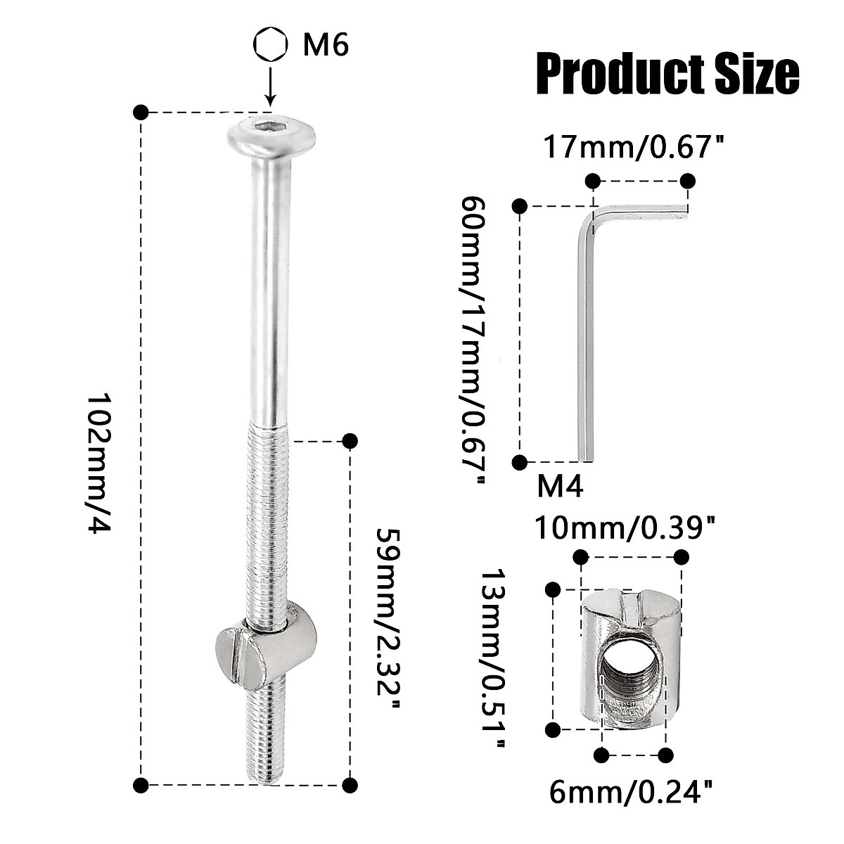 Biaungdo 12 Pcs M6 x 100mm Bunk Bed Bolts, Hex Drive Socket Furniture Barrel Screws Bolt Nuts Furniture Crib Baby Bed Bolt with Wrench(White)