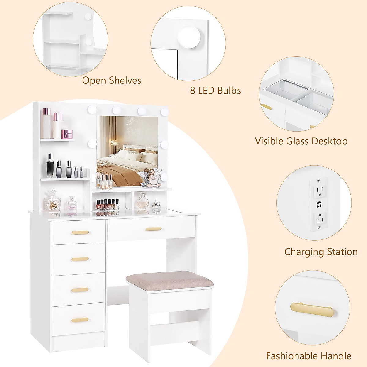 ANWBROAD Makeup Vanity Desk with Mirror and Lights Power Outlet 35.5" Vanity with Glass Top Dresser 3 Lighting Modes Brightness Adjustable White Vanity Desk with Drawers Shelves Bedroom Stool UBDT64W