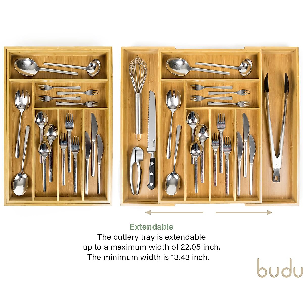 budu Silverware Drawer Organizer #19.7" Depth – Utensil Holder, Kitchen Drawer Organizers for Flatware, Cutlery – Perfect Utensil Organizer for Silverware & Other Kitchen Organization Tools & Storage