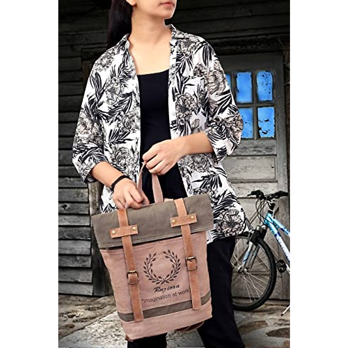 Ruzioon Upcycled Canvas & Cowhide Leather Roll Backpack, Canvas & Cowhide Leather Backpack for Men’s and Women’s, Canvas & Cowhide Leather Travel Backpack, Canvas Weekend backpack