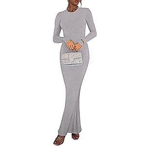 REORIA Women's Fall Sexy Casual Crew Neck Lounge Long Dress Formal Wedding Guest Long Sleeve Ribbed Bodycon Maxi Dresses Light Grey Large