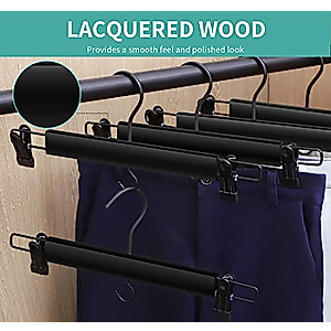 Perfecasa Premium Wooden Pants Hangers 10 Pack, Skirt Hangers with Noise Canceling Hook, Two Sure Grip Clips (Black Color)