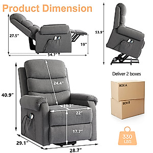 URRED Power Lift Recliner Chair Sofa with Vibration Massage and Lumbar Heat, Designed for Elderly, Infinite Positions, Lumbar Pillow, Side Pockets, USB Ports (Gray)