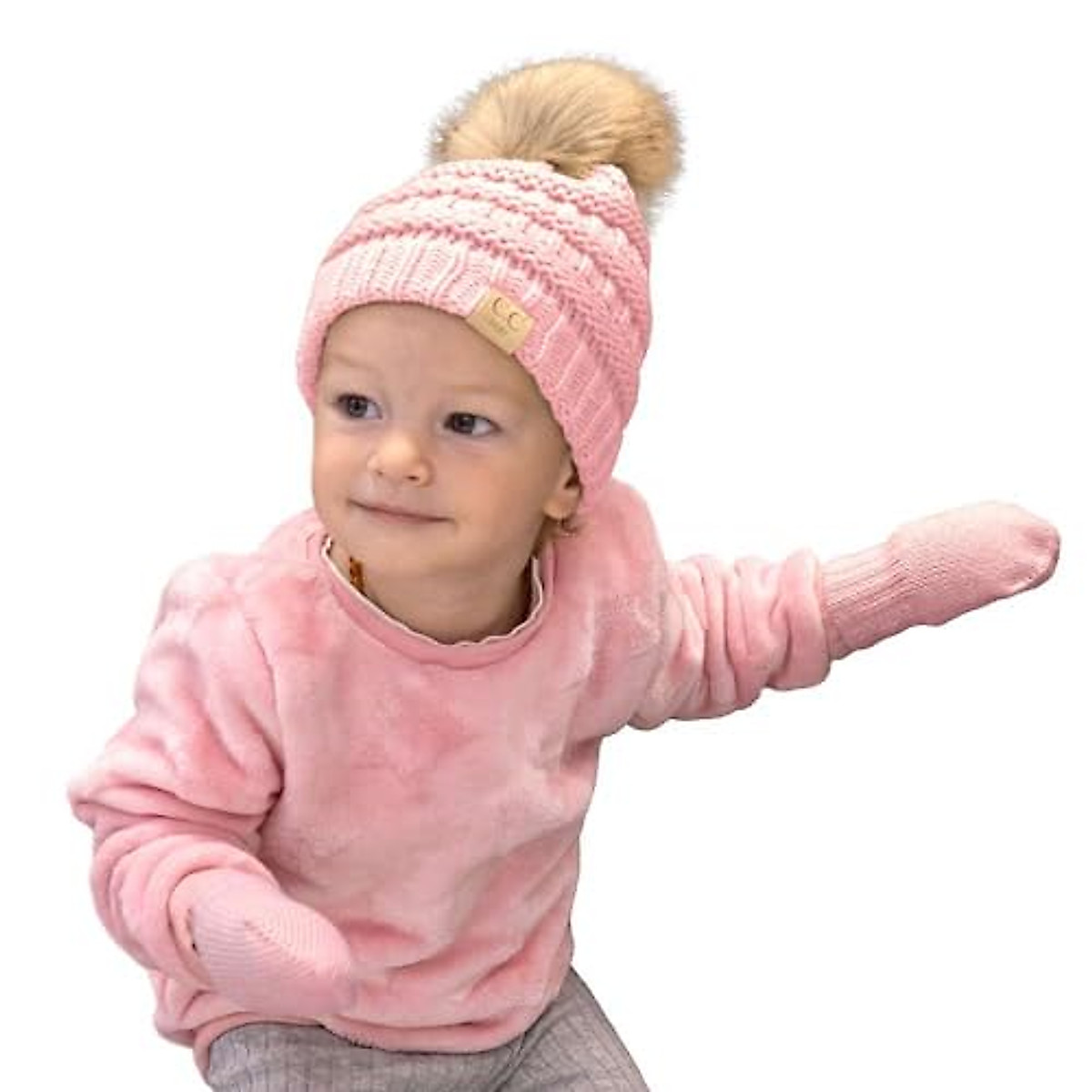 C.C Babies' Winter Cable Knit Beanie and Fuzzy Lined Mitten Set, Faux Fur Pom Pale Pink
