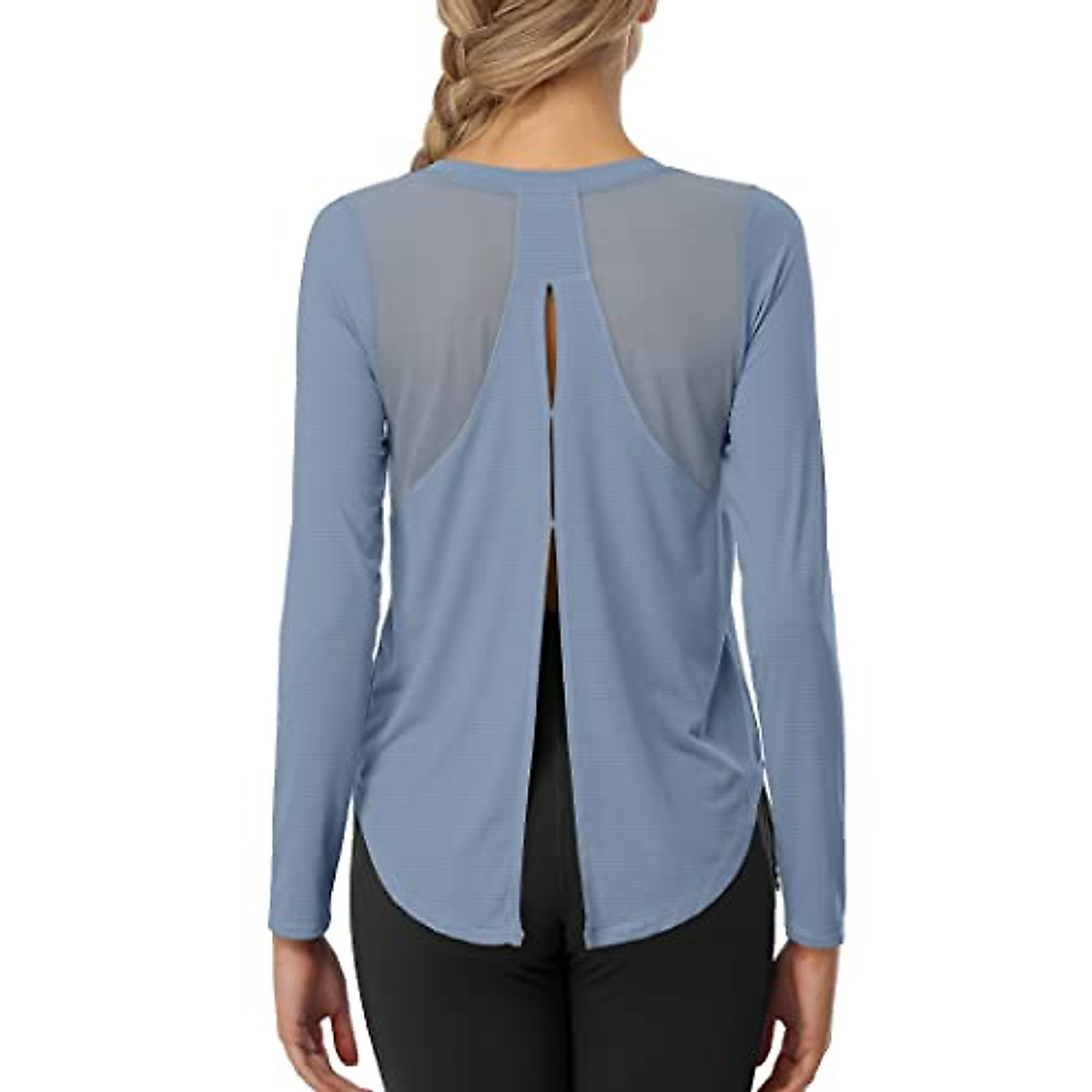 ATTRACO Women's Activewear Tops Long Sleeve Loose Fit Open Back Yoga Workout Shirts Blue L