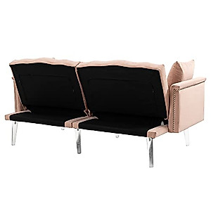 FULife 65" Mid Century Modern Velvet Upholstered Futon Sofa Split Back Loveseat Convertible Sleeper Couch Bed Daybed,Folding Recliner with Armrest&2 Pillows for Living Room/Compact Space, Pink