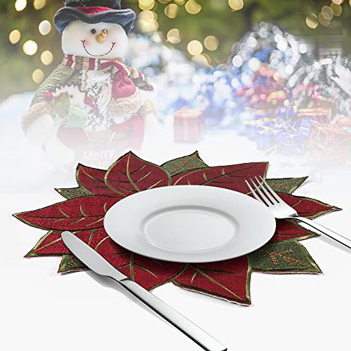 OWENIE Christmas Placemats Set of 4, Embroidered Red Poinsettia Table Mats with Sequins, 16 Inch Round Holiday Place Mats, Xmas Doilies Table Decorations