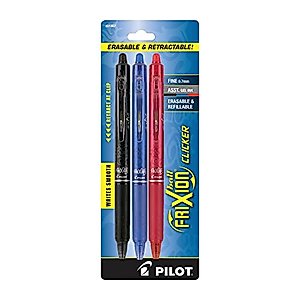 PILOT® FriXion Clicker Erasable Gel Pens, Fine Point, 0.7 mm, Assorted Barrels, Assorted Ink Colors, Pack Of 3