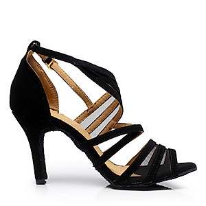 Dress First Womens Black Latin Dance Shoes Ballroom Dancing Sandals 8.5cm High Heels Suede Sole Salsa Tango Bachata Practice Performance Dance Wedding Party Pumps
