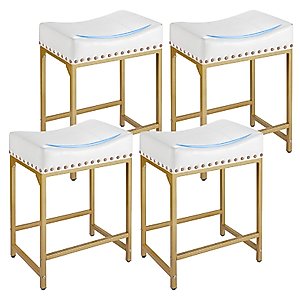 FLYZC Bar Stools Set of 4 Counter Height, 24" Modern White & Gold Counter Stools Set of 4, Stools for Kitchen Counter, Modern White Barstools Saddle Stool Backless Island Chairs (White+Gold)