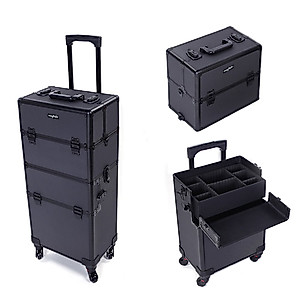mefeir 2 in 1 Rolling Makeup Train Case, Travel Makeup Organizer Cosmetic Display Case, Aluminum Cosmetology Supply Suitcase on Wheels, Beauty Storage Luggage Lockable w/4 Removable Wheels (Black)