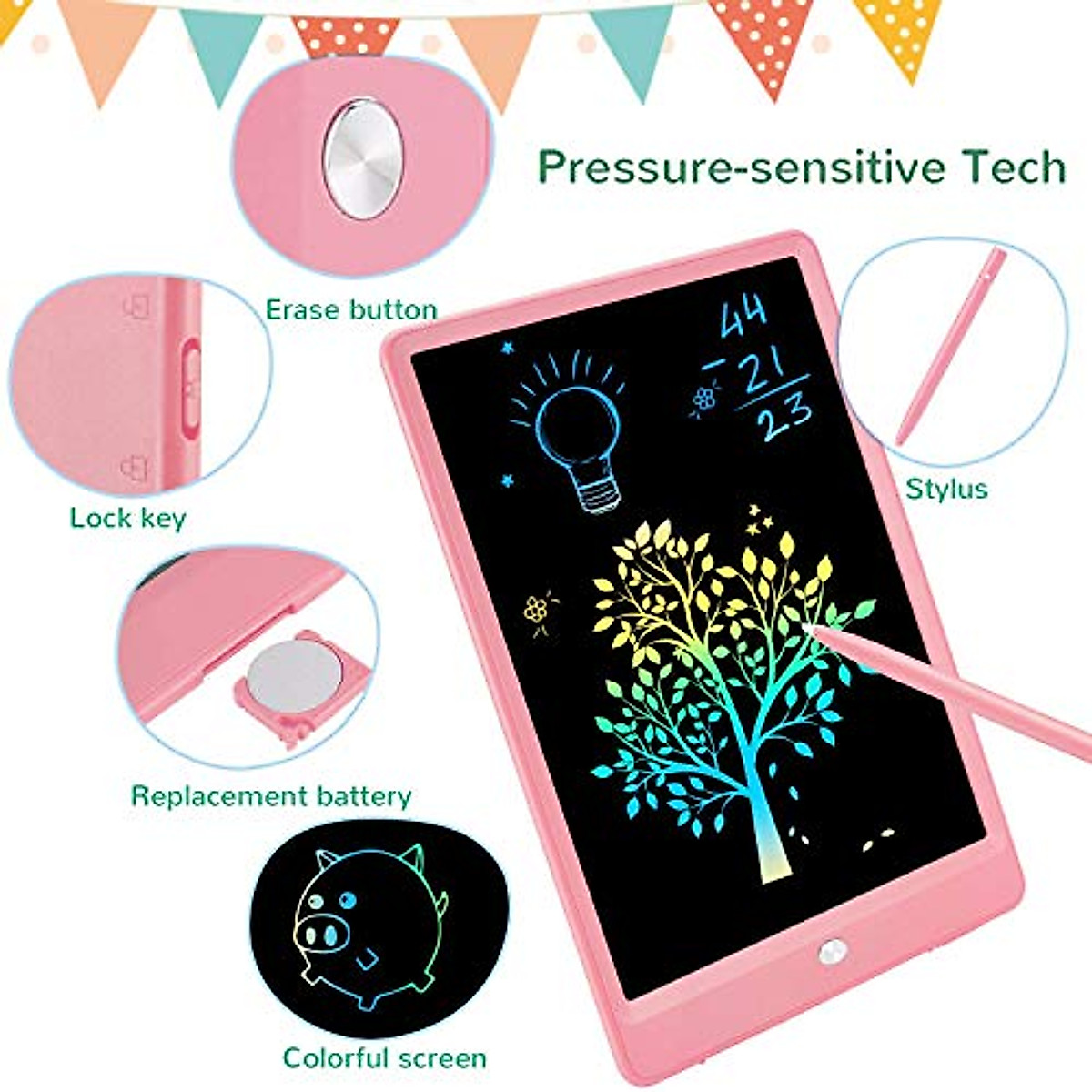 TEKFUN LCD Writing Tablet Doodle Board, 10inch Colorful Drawing Tablet Writing Pad, Girls Gifts Toys for 3 4 5 6 7 Year Old Girls Boys (Pink)