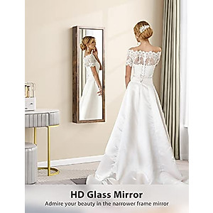 Nicetree 6 LEDs Mirror Jewelry Cabinet with 3 Improvements, 4.2" D Door/Wall Mounted Jewelry Armoire with Full Length Mirror, Larger Capacity, Rustic Brown