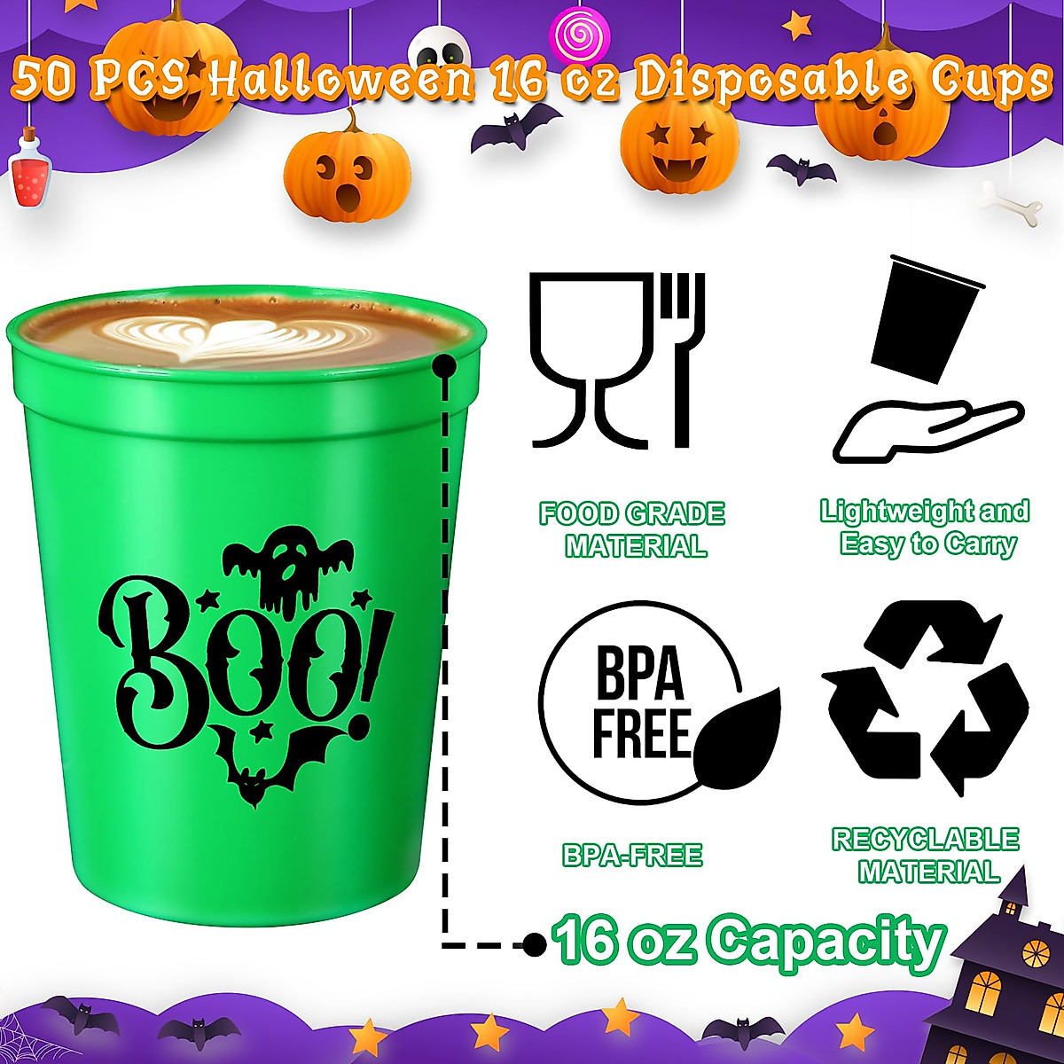 Erweicet 50 PCS Halloween Plastic Party Cups 16 oz Colorful Halloween Disposable Cups Ghost Witch 5 Colors Design Halloween Cups for Coffee Juice Wine Liquor Halloween Party Supplies