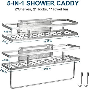 LKKL Shower Caddy Shelves - 5 in 1 Shower Shelf Bathroom Accessories - Bathroom Shelves Wall Mounted Shower Rack Organizer 2 Pack Basket Shelf, 2 Hooks, 1 Towel Holder(Brushed Nickel)