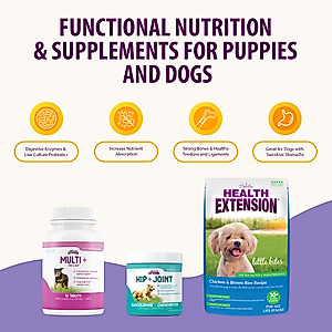 Health Extension Dog Health and Nutrition Bundle - Multivitamin (30 Tablets), Little Bites Dry Dog Food Chicken & Brown Rice Recipe (4 Lbs), Joint & Hip Supplement Cheese Flavored Powder (16oz)