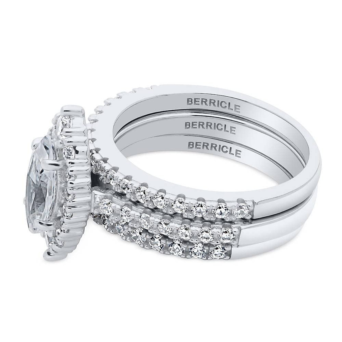 BERRICLE Sterling Silver Halo Wedding Engagement Rings Marquise Cut Cubic Zirconia CZ Ring Set for Women, Rhodium Plated Size 8