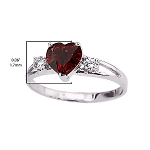 Modern Contemporary Rings 14k White Gold Heart Shape Garnet & White Topaz Split Shank Three Stone Ring - Size 6