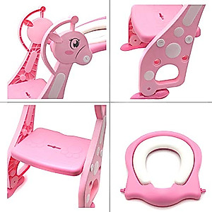 HTTMT- Giraffe Potty Training Toilet Ladder Seat With Upgraded Cushion Step Stool Ladder Toilet Chair/Toilet Trainer for Baby Toddler Kids Children In Pink [P/N: ET-BABY001-PINK STEP]