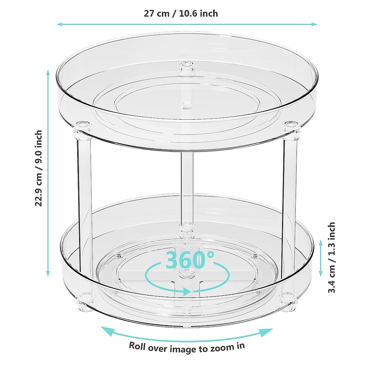 2 Tier Lazy Susan Organizer，Clear Plastic Lazy Susan Turntable for Cabinet，Rotating Lazy Susan Spice Rack Cabinet Organizer for Kitchen，Table，Refrigerator，Pantry，Bathroom