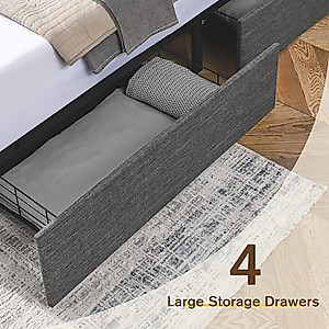 Lumelay Queen Bed Frame with 4 Storage Drawers, LED Bed Frame with Charging Station and Adjustable Tall Bookcase Headboard, Upholstered Mattress Foundation, No Box Spring Needed, Dark Grey