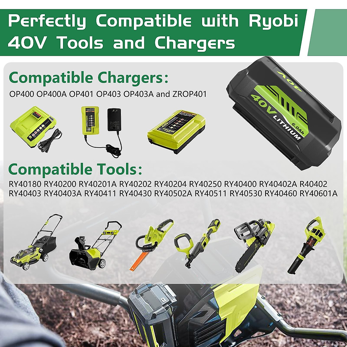 Munikind 6000mAh OP40601 Battery and Charger Replacement for Ryobi 40V Battery OP4050A OP4040 OP4030 OP4026A OP40201 ZROP4026 Compatible with Ryobi Battery 40 Volt Cordless Power Tool RY40180 RY40200