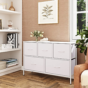 WLIVE Dresser with 5 Drawers, Dressers for Bedroom, Fabric Storage Tower, Hallway, Entryway, Closets, Sturdy Steel Frame, Wood Top, Easy Pull Handle (White)