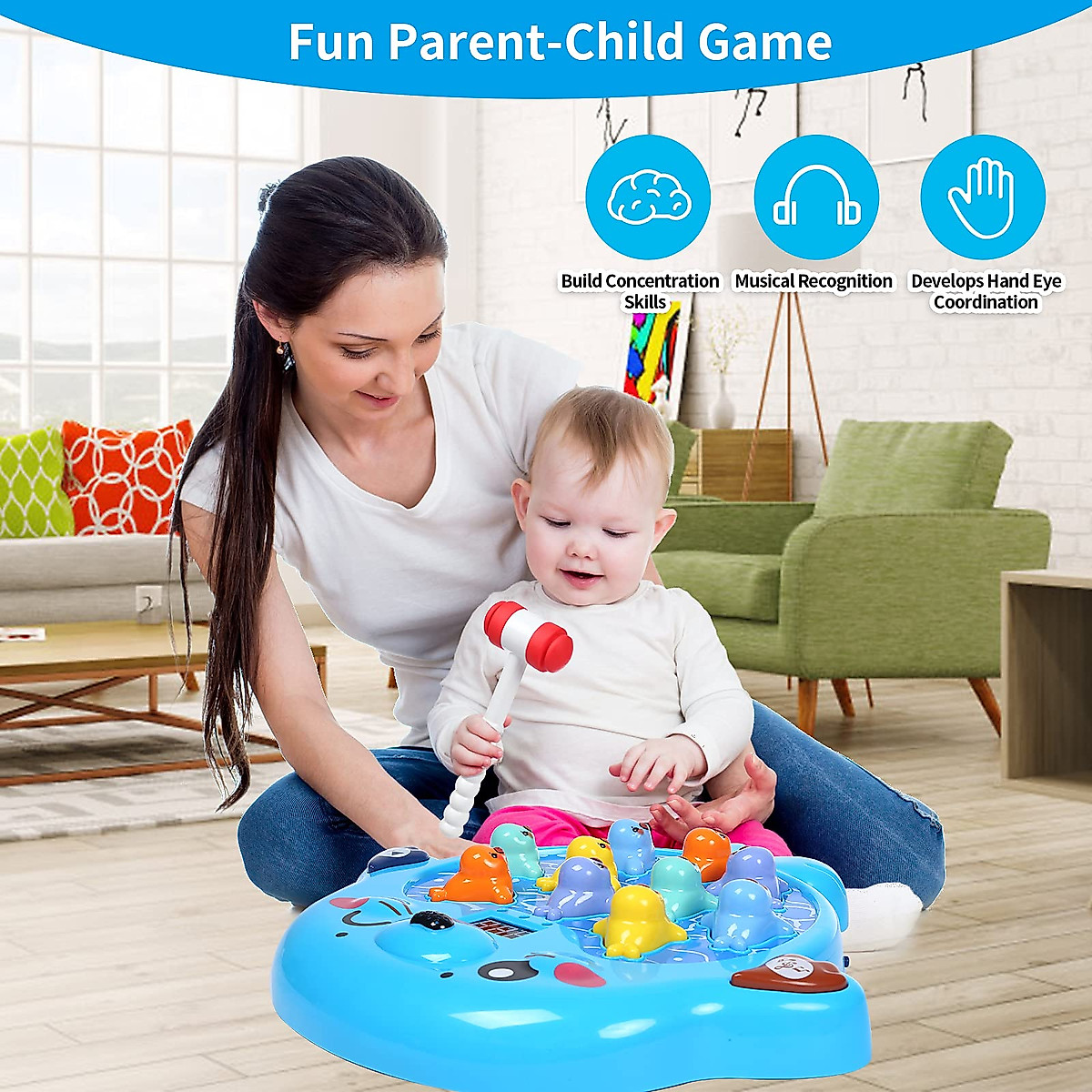 SZJJX Toddler Games Interactive Whack A Seal Game with Hammer, Activities Toys for 6+ Year Old Boys Girls,Early Developmental Toy, Fun Musical Educational Toys Gifts for Kids