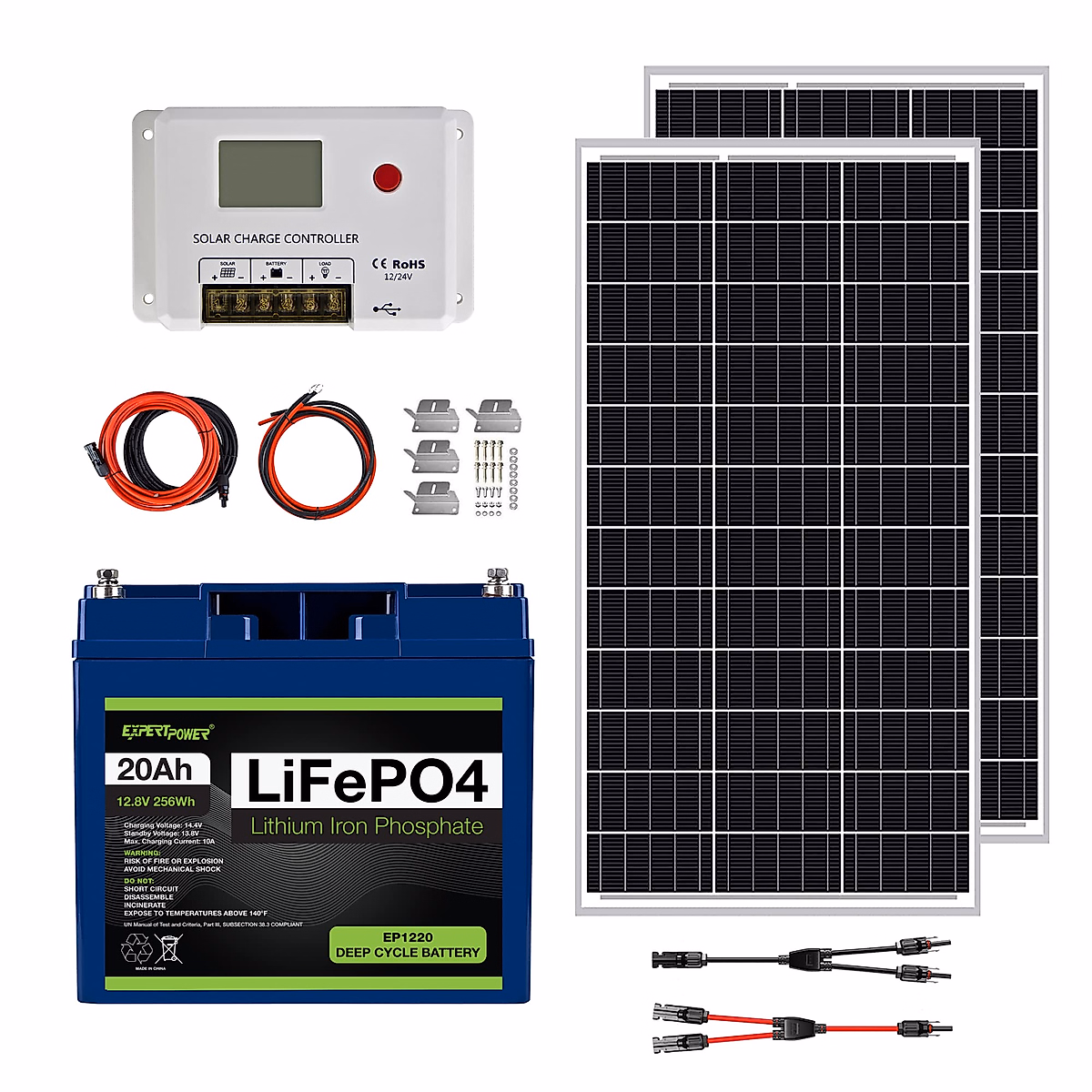 ExpertPower 200W 12V Solar Power Kit | 12V 20Ah LiFePO4 Lithium Battery | 200W Mono Rigid Solar Panels, 20A PWM Solar Charge Controller | RV, Trailer, Camper, Marine, Off Grid, Solar Projects