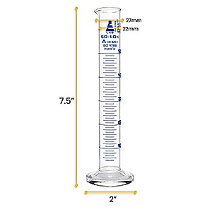 EISCO Graduated Cylinder, 50ml - Class A Tolerance ±0.50ml - Round Base - Blue Graduations - Borosilicate 3.3 Glass