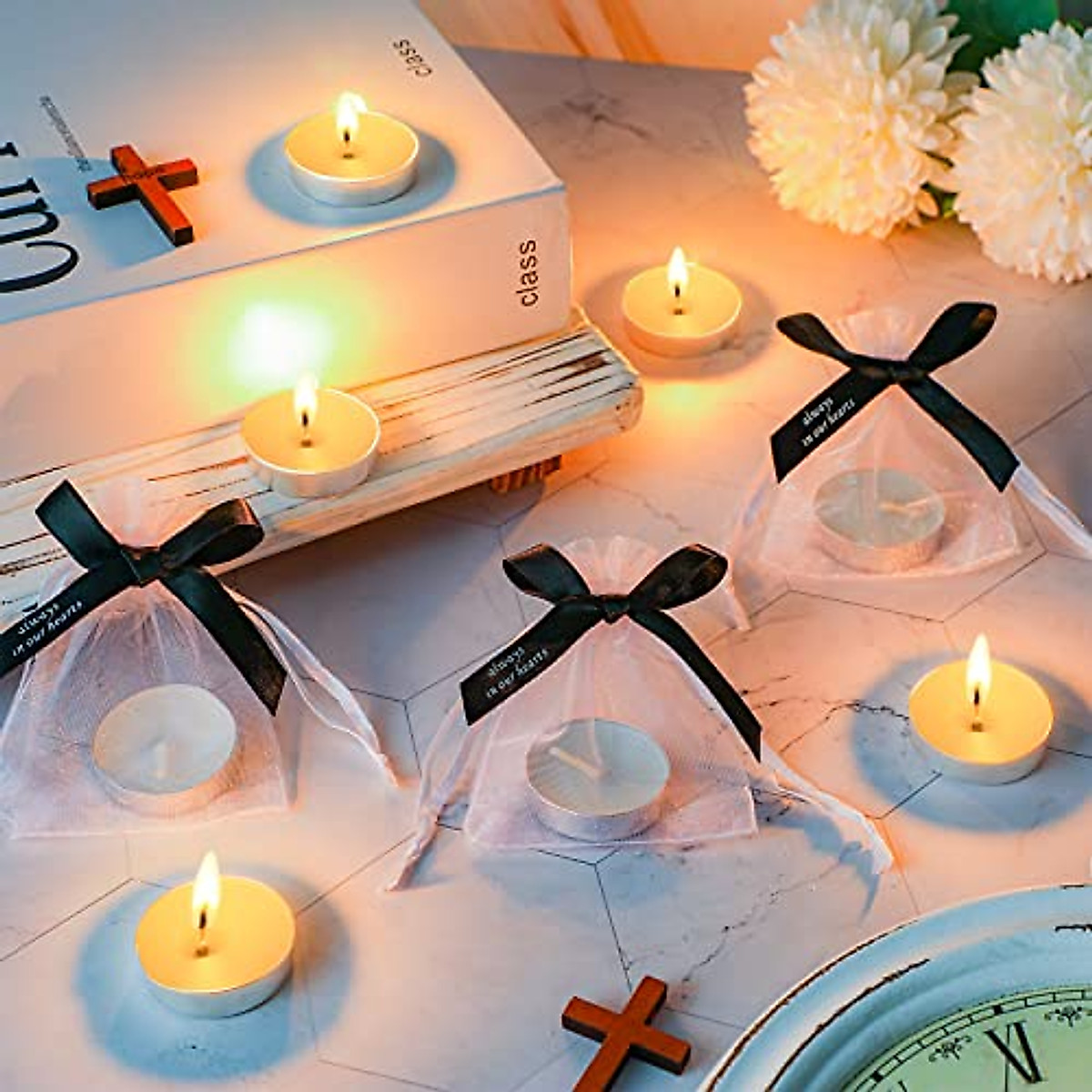 50 Set Funeral Favors Memorial Tealight Candles Unscented Candles Memorial Candles with Bowknots Funeral Ribbons and Organza Bags for Guest Condolence Bereavement Funeral Decor, Black and White