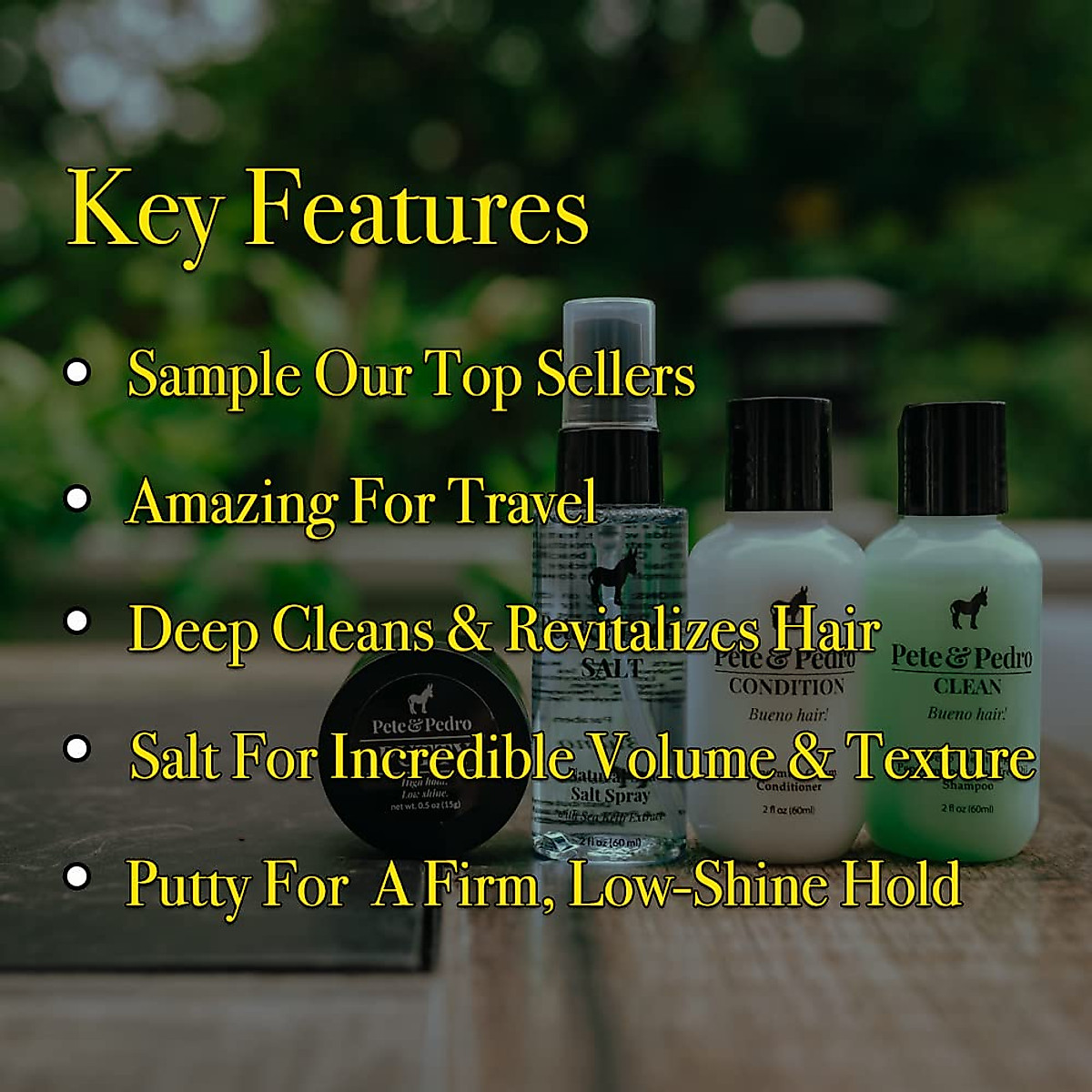 Pete & Pedro BUENO HAIR SAMPLES SET - Men's Hair Care and Styling Trial & Travel Size Kit | Sea Salt Spray, Putty, Clean Shampoo, & Peppermint Condition | As Seen on Shark Tank, Set of 4 Products