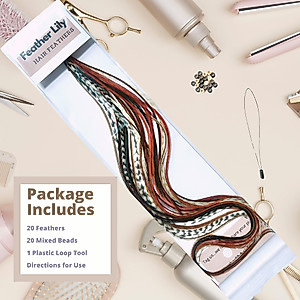 Hair Feathers Kit, 20 Beautiful Feathers for Hair, Brown Black White Long Feather Extensions with beads and loop tool, 100% Real Rooster Boho Soft Natural Feather Accessories