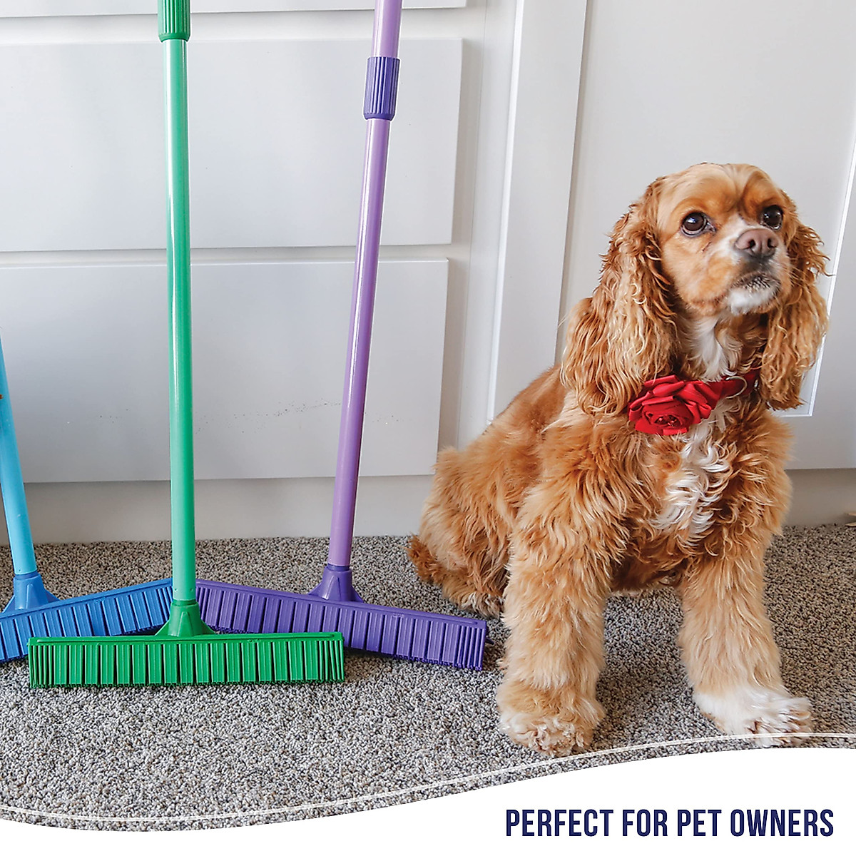 Don Aslett's Rubber Broom (12") and Hand Brush (10") Set | 59-inch Steel Pole | Multipurpose Synthetic Rubber Bristles Cleans Pet Cat or Dog Hair, Liquid Spills on Concrete & Hardwood Surface (Blue)
