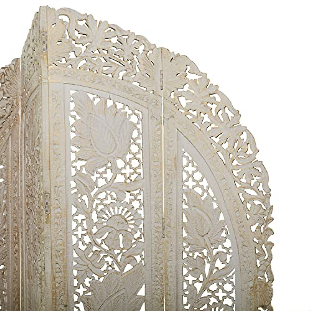 Deco 79 Wood Floral Handmade Hinged Foldable Arched Partition 4 Panel Room Divider Screen with Intricately Carved Designs, 60" L x 2 "W x 72"H, White