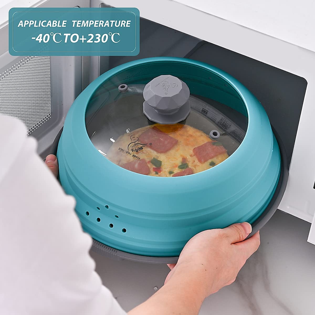 Microwave Splatter Silicone Cover Collapsible Steamer, Vented Multifunction Splash Lid with Glass Dish Bowl Plate for Food Cooking Bacon Maker, Dishwasher Safe BPA-Free 10.5 inch Cookware Set