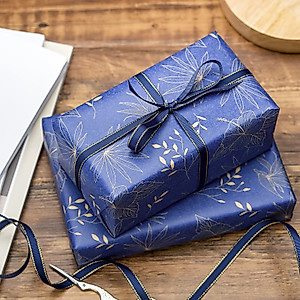 RUSPEPA Kraft Wrapping Paper Roll - Blue Flowers and Plants Pattern - 30 Inches x 100 Feet