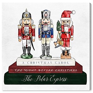 Wynwood Studio WynHoliday Christmas Seasonal Canvas Wall Art Painting Print 'Holiday Nutcracker Books' Christmas Home Décor, 12" x 12", Green, Red