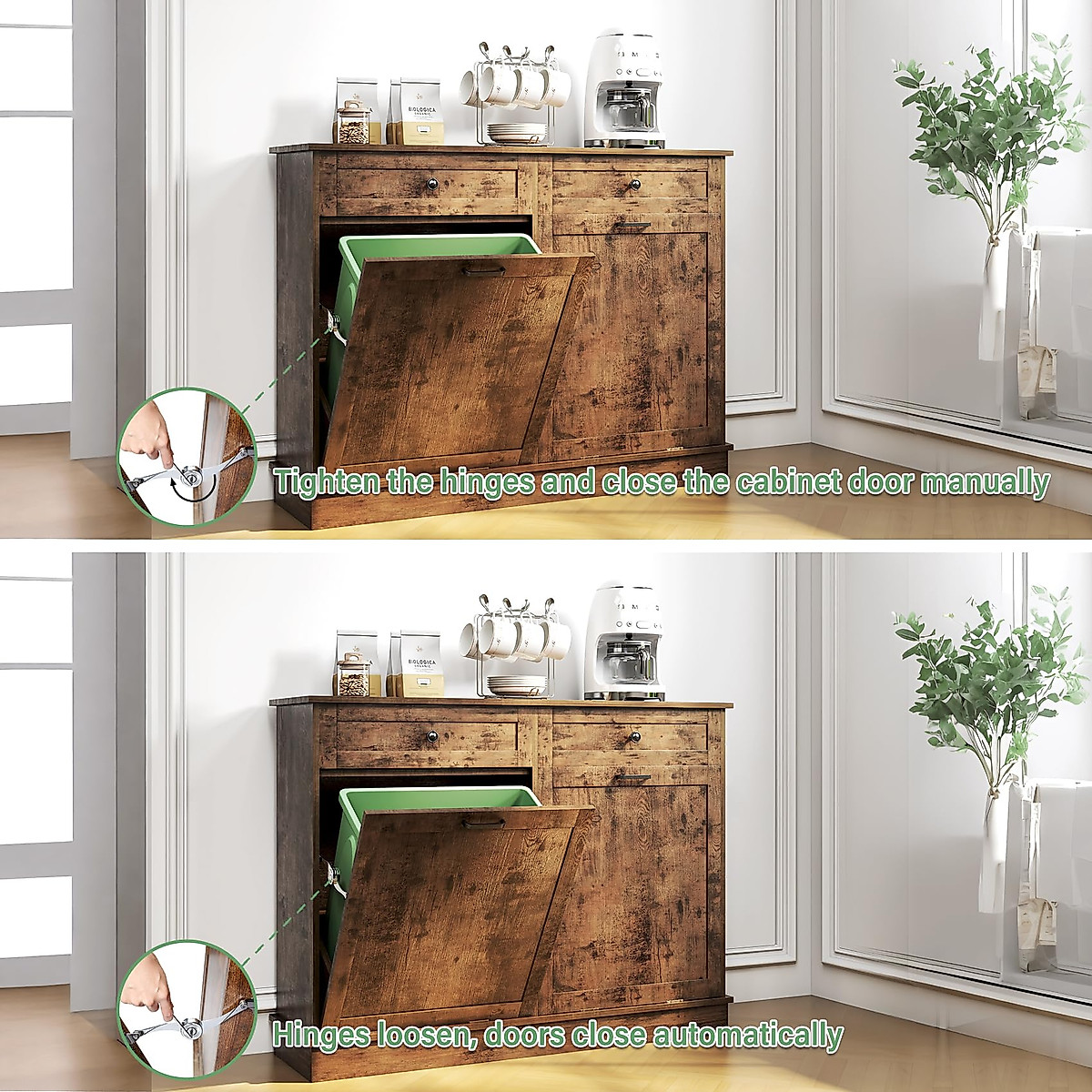 TC-HOMENY Tilt Out Trash Cabinet with Drawer, Free Standing Trash Can Cabinets, Manual and Auto Mode Shutdown Cabinet Door, Recycling Can Cabinet Home, Kitchen, Living Room