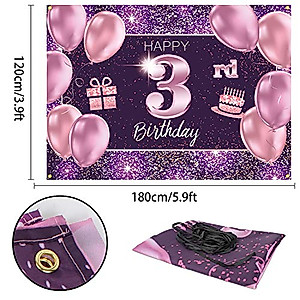 PAKBOOM Happy 3rd Birthday Banner Backdrop - 3 Birthday Party Decoration Supplies for Girl - Pink Purple Gold 4 x 6ft