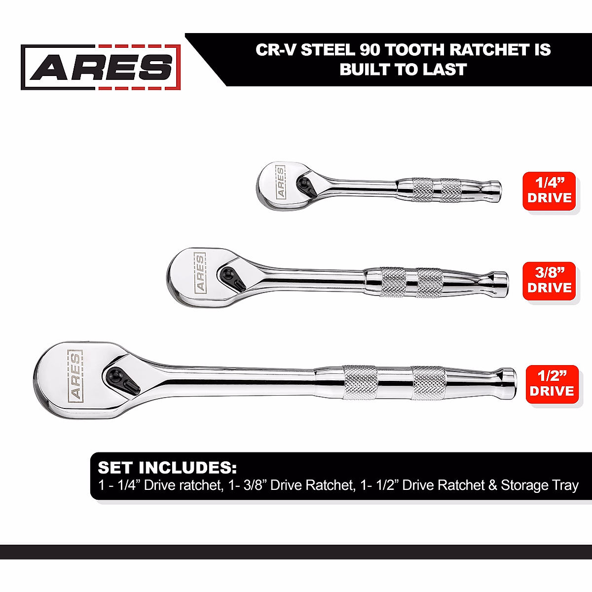 ARES 42000-3-Piece 90-Tooth Full Polish Ratchet Set - Chrome Vanadium Steel Construction & Chrome Plated Finish - Reversible Design - 4 Degree Swing - Ratcheting Tool Set
