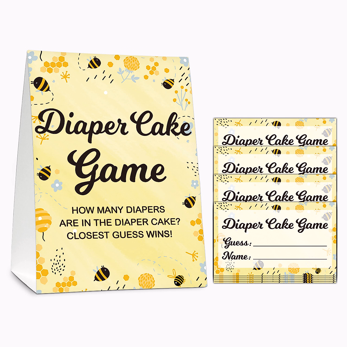 Baby Shower Game Set, Diaper Cake Games(1 Standing Sign + 50 Guessing Cards), Bumble Bee Guess How Many Diapers Party Game, Honey Honeycomb Gender Reveal Party Favor Decor(A05)
