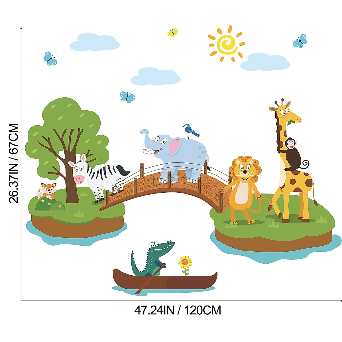 Removable 3D Giant Jungle Animals Lion Elephant Bird Fox on The Bridge Wall Decals Tree Wall Sticker Art Decor for Kids Boys Baby Children Bedroom Living Room Bathroom Classroom Playroom Nursery