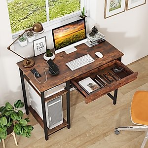 Tangkula Computer Desk with Charging Station, 40” Industrial Home Office Desk with Drawer & Adjustable Shelf, Compact Computer Workstation with CPU Stand & Headphone Hooks, Study Writing Desk